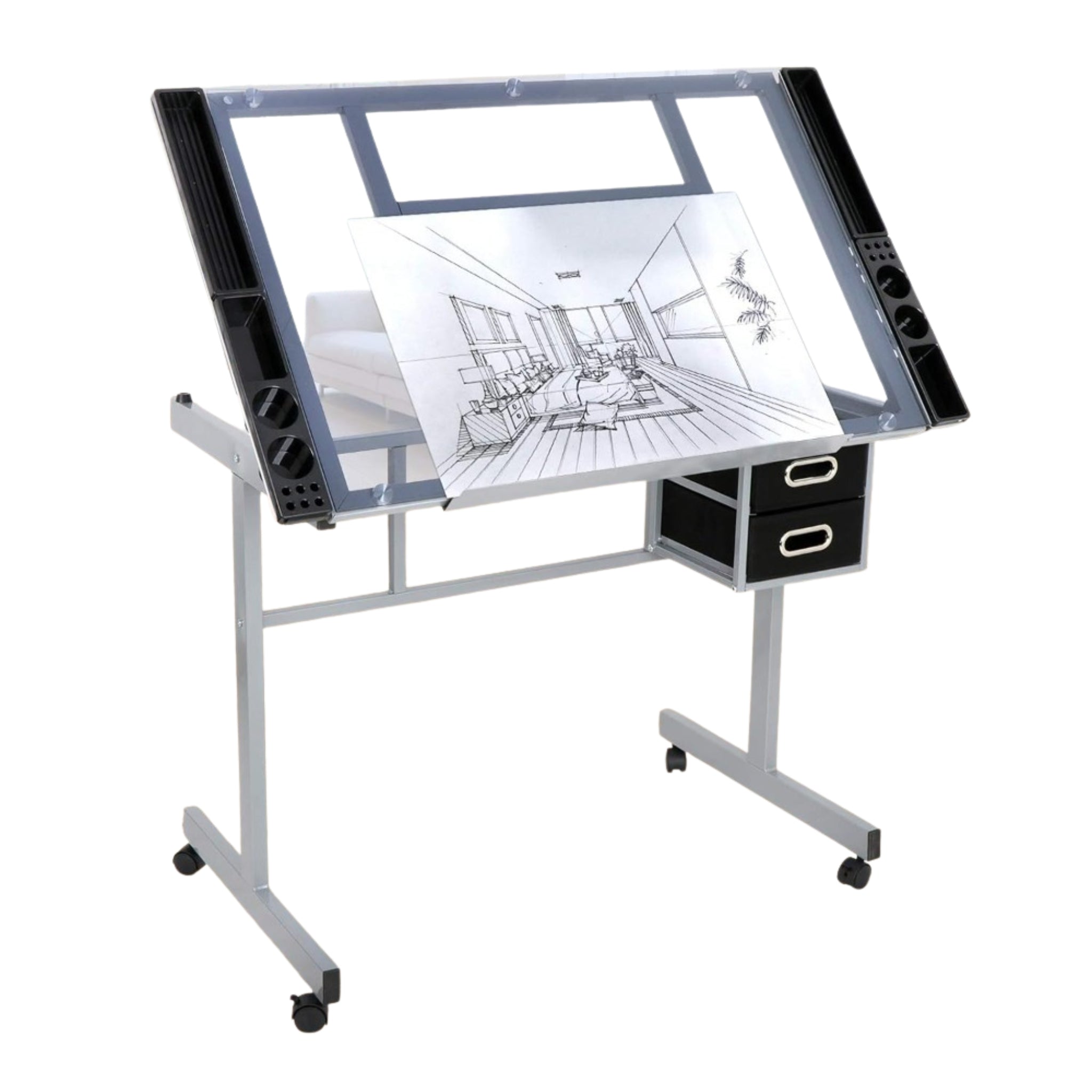 Rolling Glass Height Adjustable Drawing and Drafting Desk for Artists ...